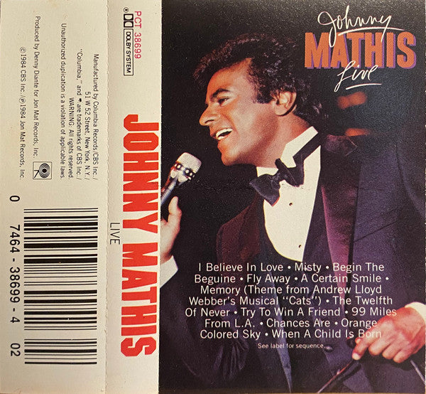 Johnny Mathis - Live - VG+ Cassette 1984 Columbia Tape - Pop– Shuga Records