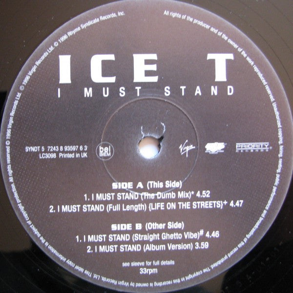 Ice T - I Must Stand - VG+ 12" Single Record 1996 Rhyme $yndicate Virg ...