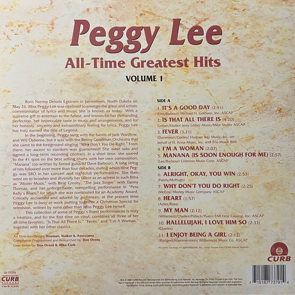 Peggy Lee All Time Greatest Hits Volume 1 1990 Mint Lp Record 2