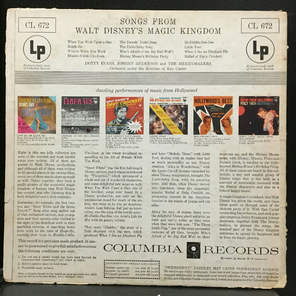 Songs From Walt Disney's Magic Kingdom LP VG- 1955 CL 672 SCARCE COVER ...