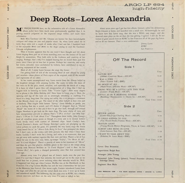 Lorez Alexandria ‎– Deep Roots - VG+ LP Record 1962 Argo USA Mono Viny ...