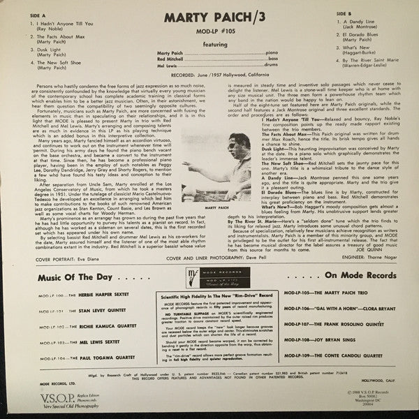 Marty Paich Trio ‎– Marty Paich Trio (1957) - New LP Record 1988 Mode ...